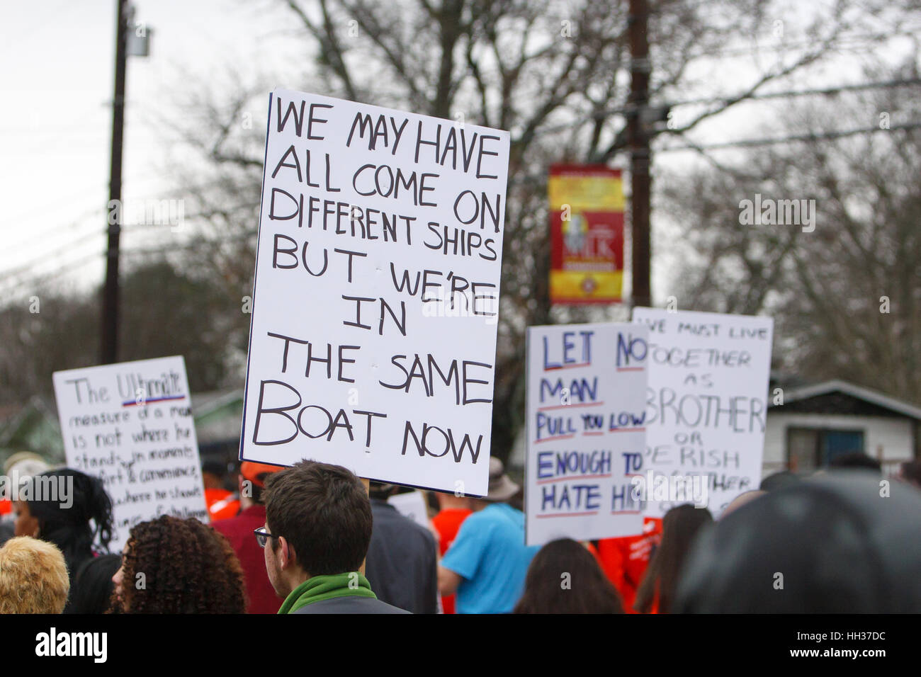 San Antonio, USA. 16th January, 2017. Marchers holding signs during the ...