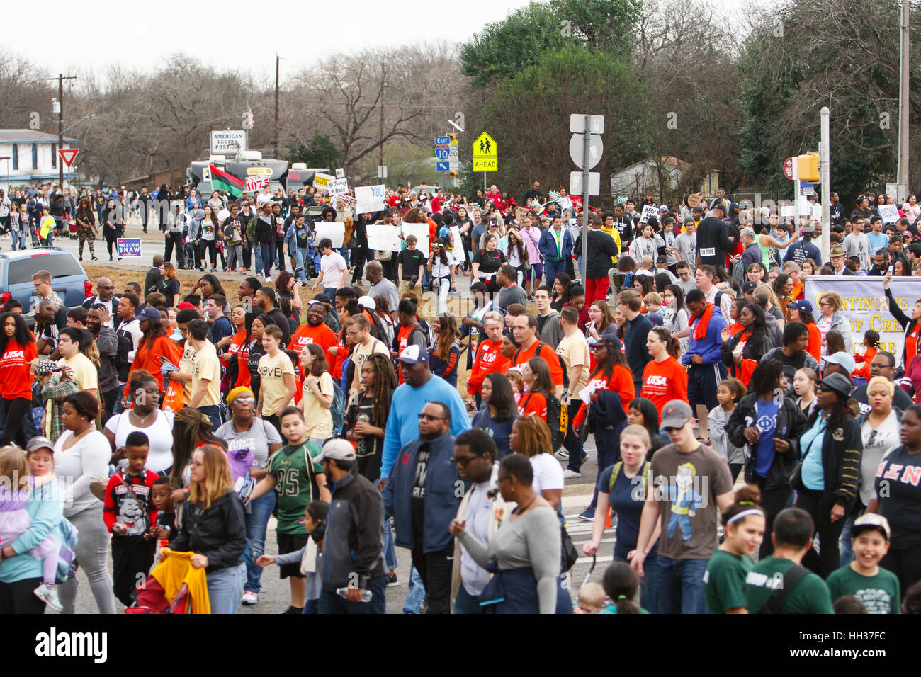 San Antonio, USA. 16th January, 2017. A diverse crowd of marchers walk ...