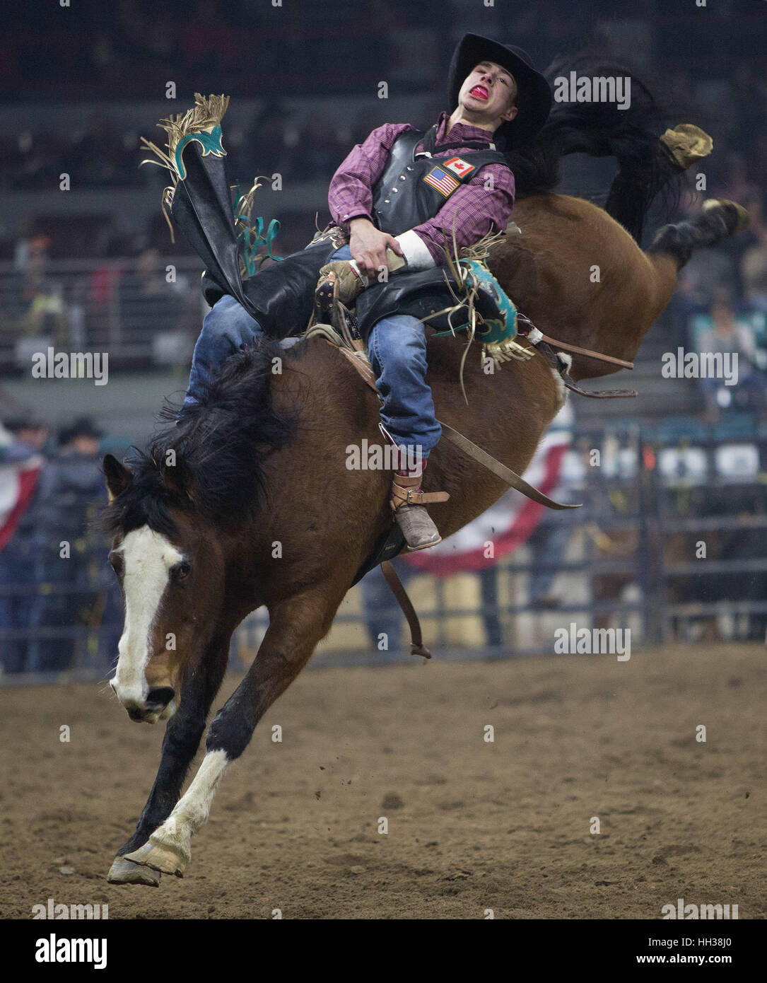 Denver, USA. 16th Jan, 2017. Bareback Rider Clint Laye of ID rides a ...