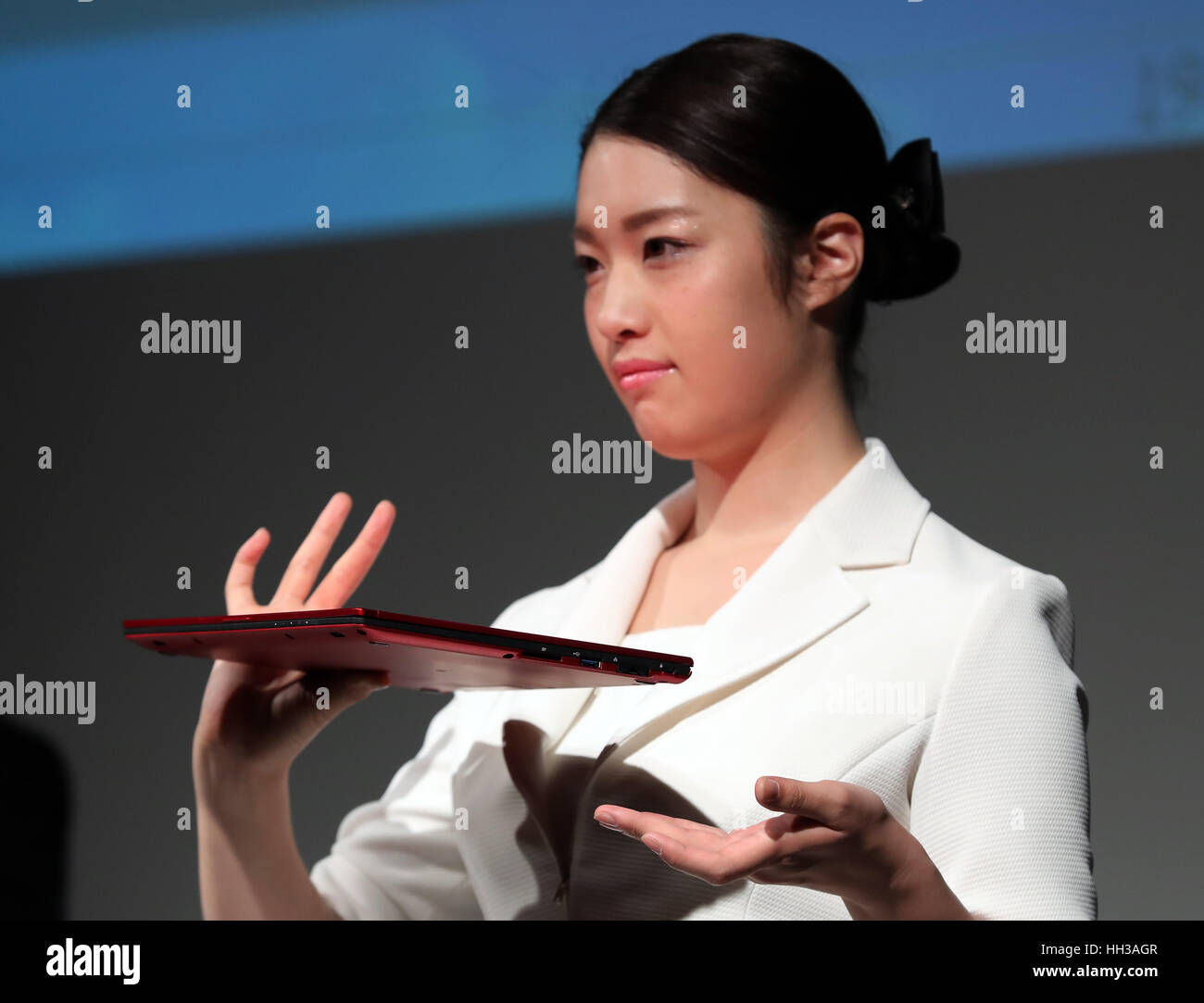 Tokyo, Japan. 17th Jan, 2017. Japan's computer giant Fujitsu displays ...