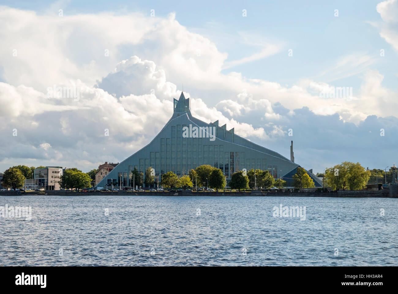 Modern building of national library in Riga, Latvia at waterfront ...