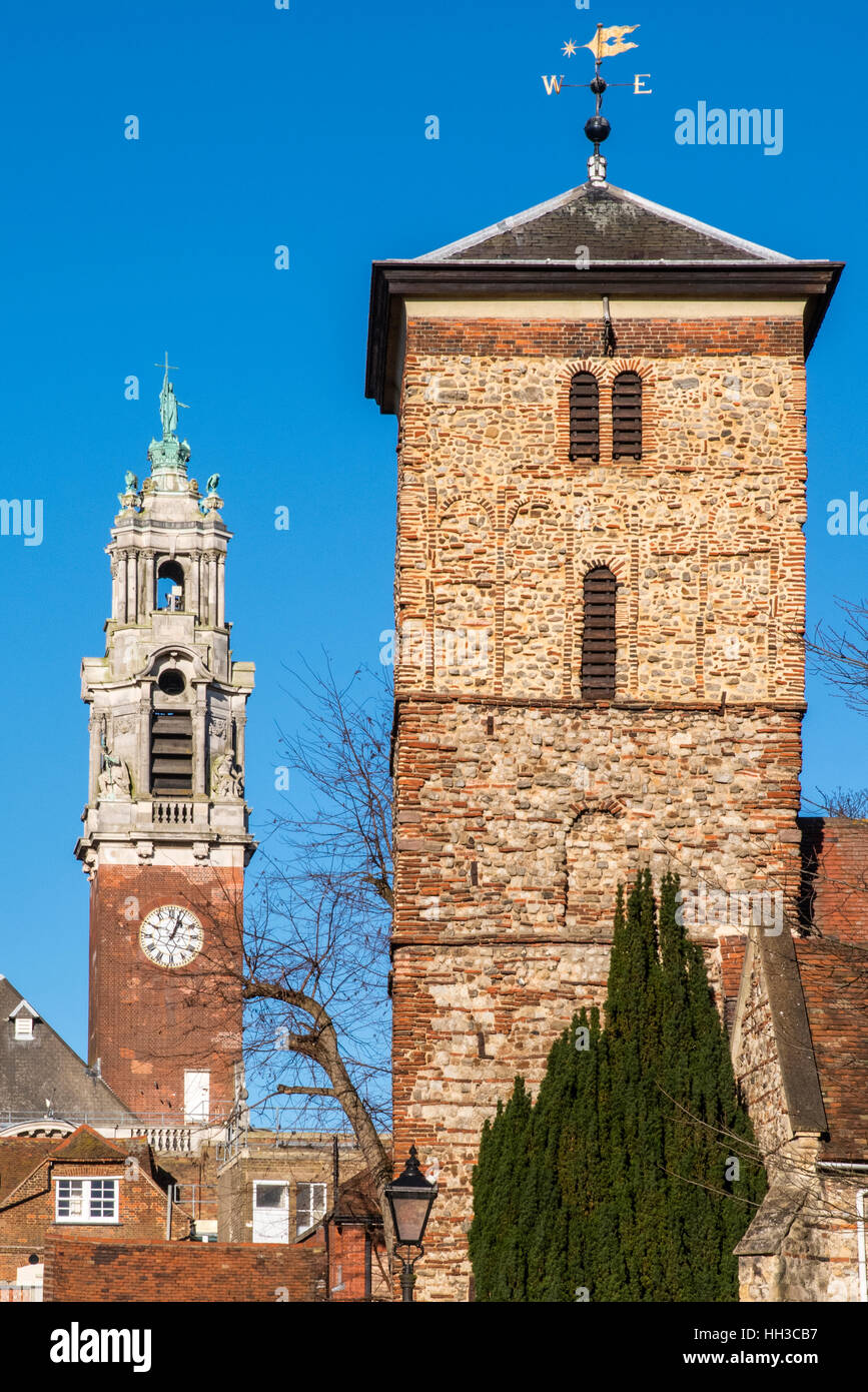 A view of the old Saxon tower of the Holy Trinity church with the ...