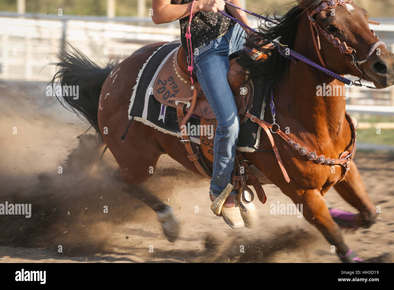 Young lady running a horse during a barrel racing event at a youth ...