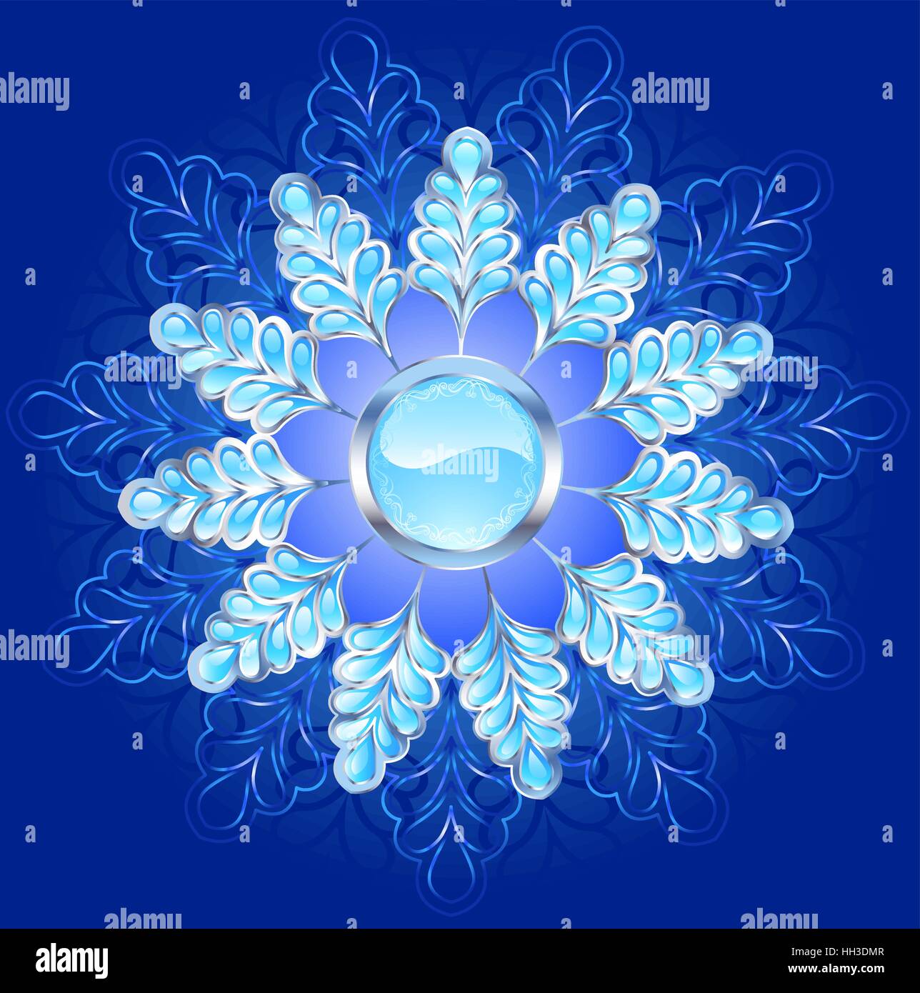 Round banner of blue ice, decorated with a frame of silver and frost ...