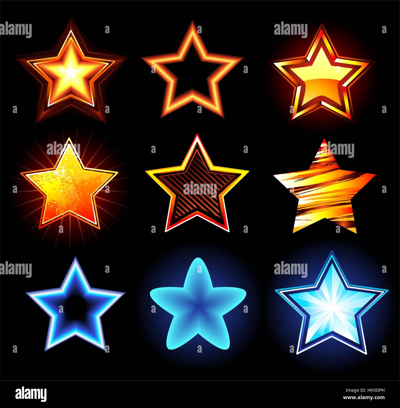 set of glowing neon stars and fire on a dark background Stock Vector ...