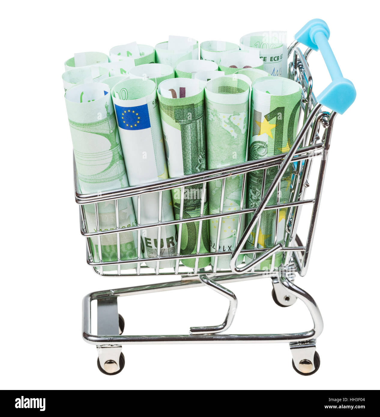 shopping cart with rolls from euro banknotes isolated on white ...