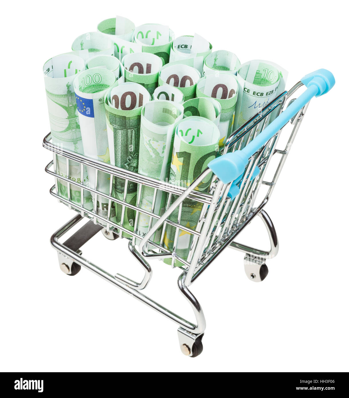 shopping-cart with rolls from euro banknotes isolated on white ...