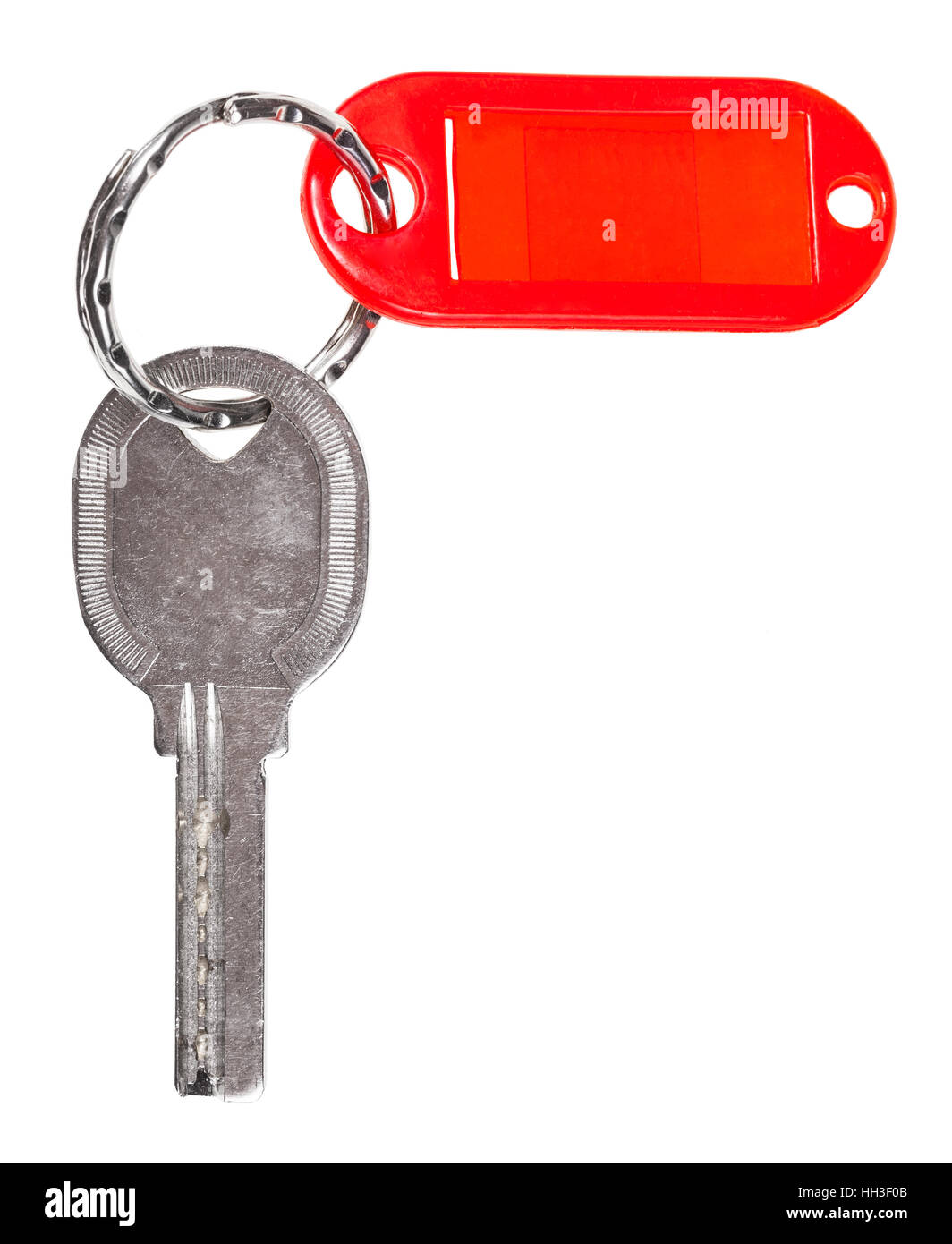 old door key with red blank keychain isolated on white background Stock ...