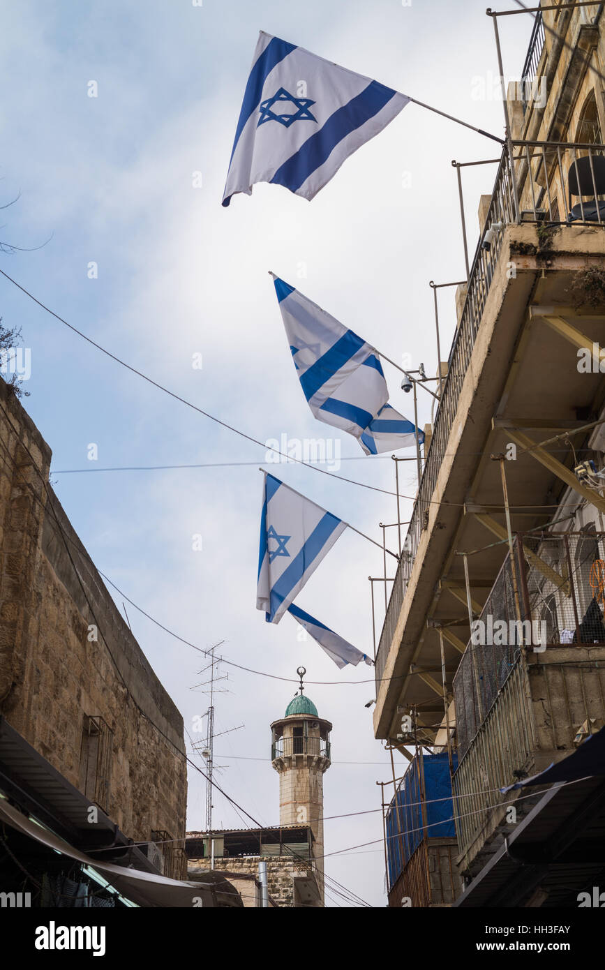 Israel Flags in the street of Old Jerusalem, Israel, Asia Stock Photo ...