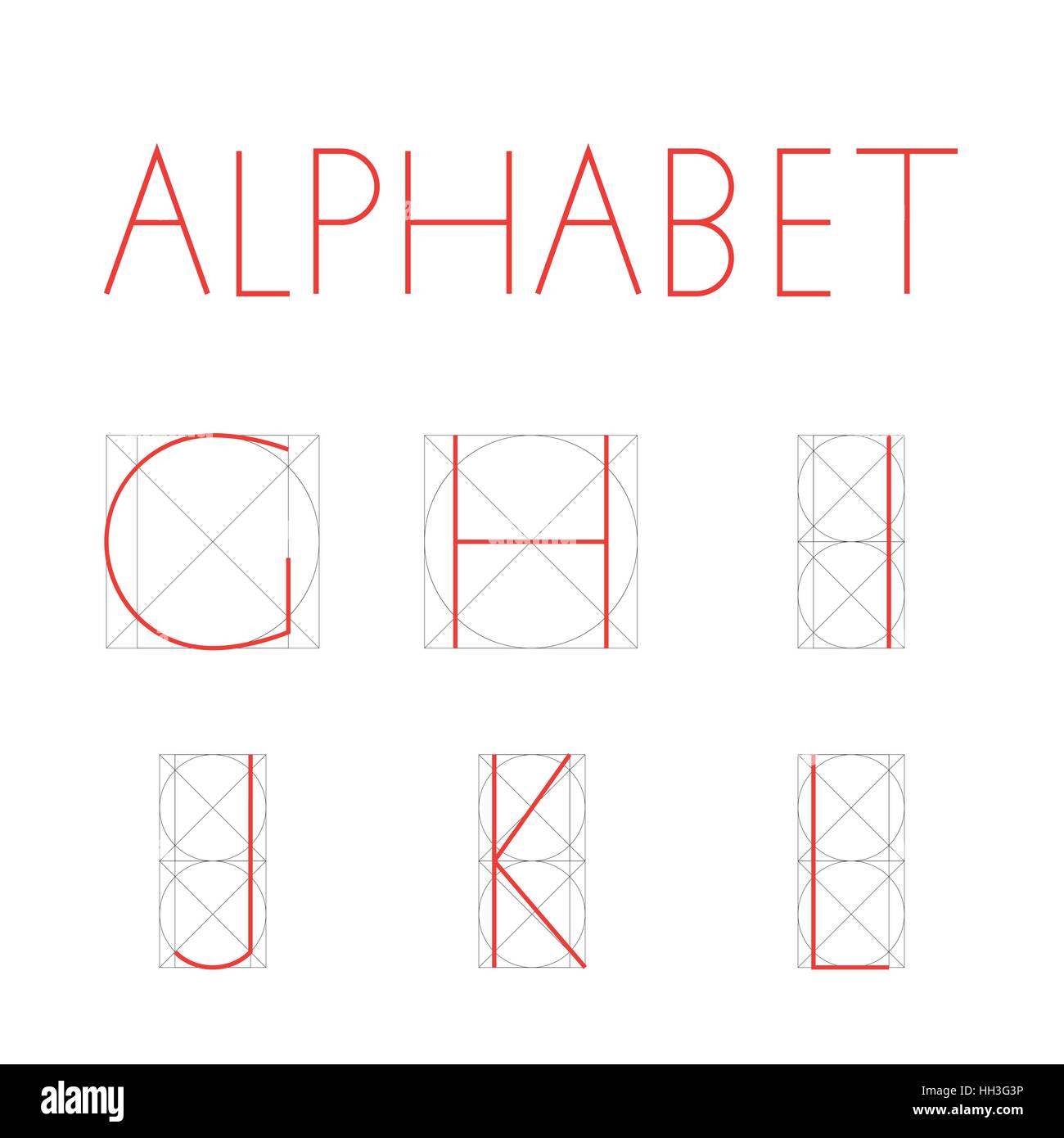 Vector geometric font. Construction of letters alphabet. Red letter in ...