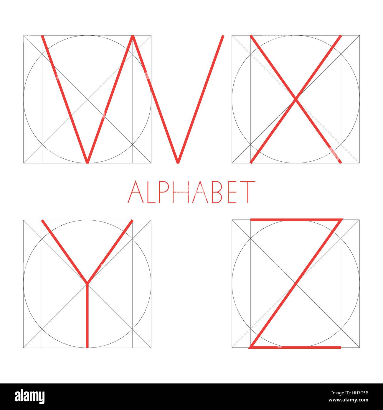 Vector geometric font. Construction of letters alphabet. Red letter in ...