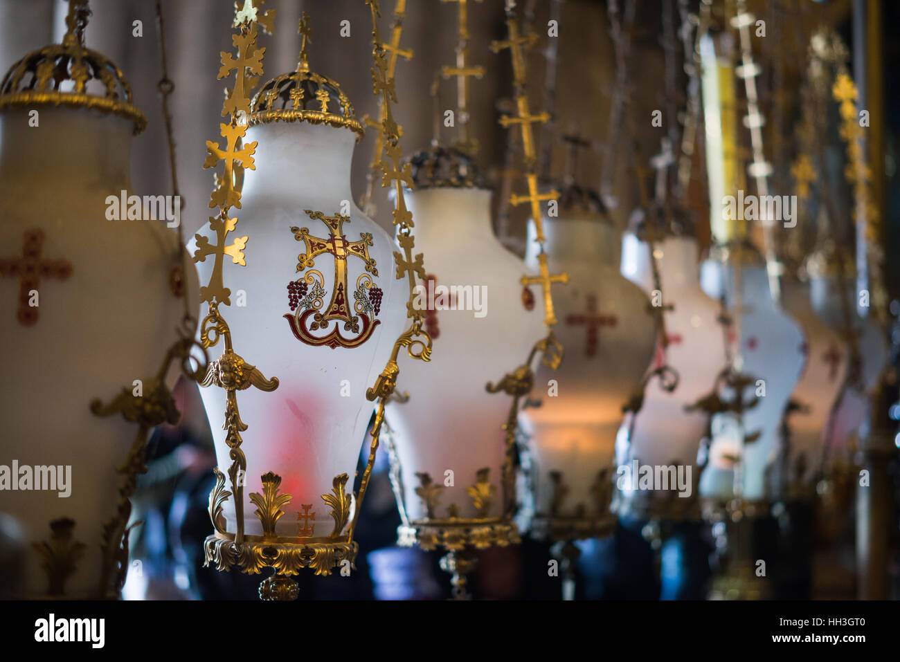 The lamps in the Holy Sepulcher church, Jerusalem, Israel Stock Photo ...