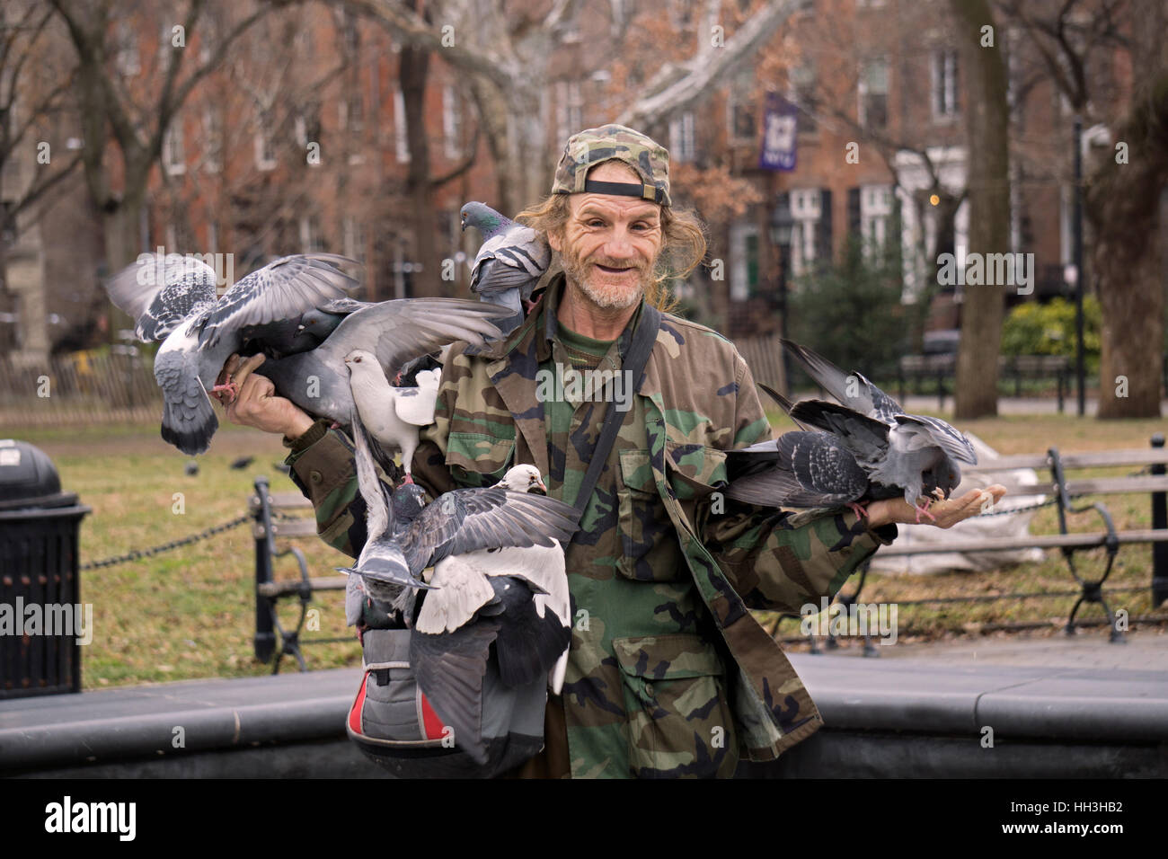 Portrait of Larry the birdman who feeds pigeons in Washington Square ...