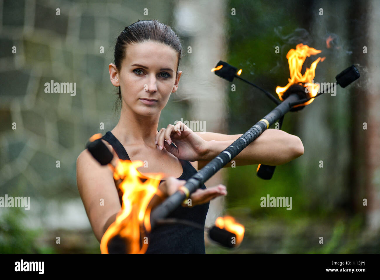 play with fire show on the shore of the sea Stock Photo - Alamy