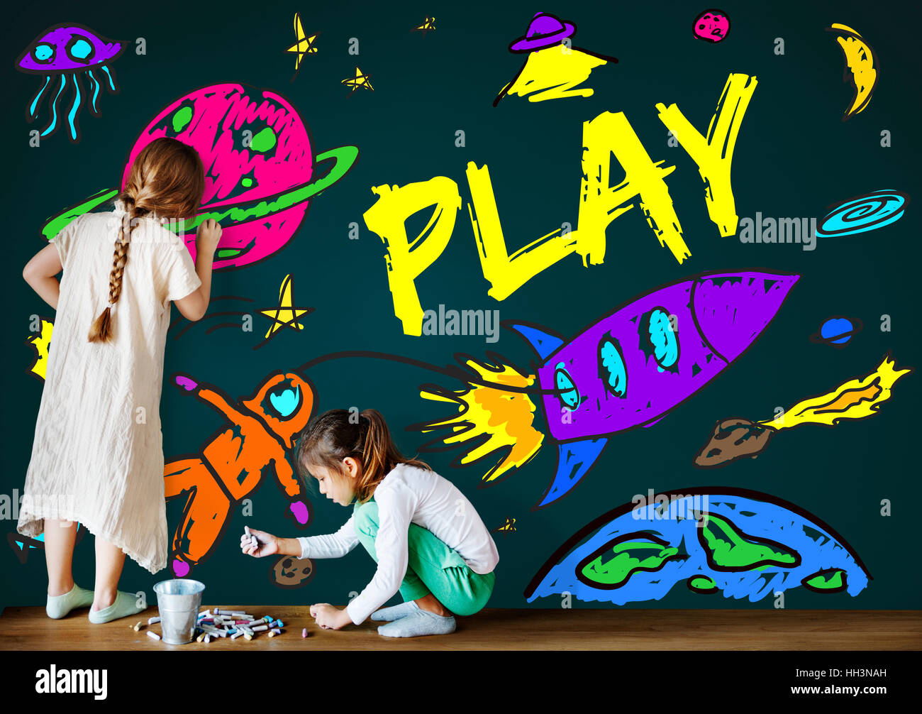 Kids Imagination Space Rocket Joyful Graphic Concept Stock Photo - Alamy
