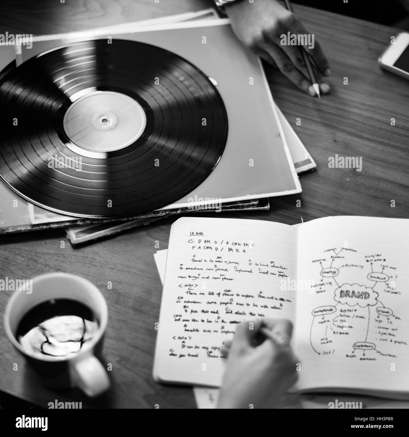 Human Hand Writing Notebook Vinyl Record Music Concept Stock Photo - Alamy
