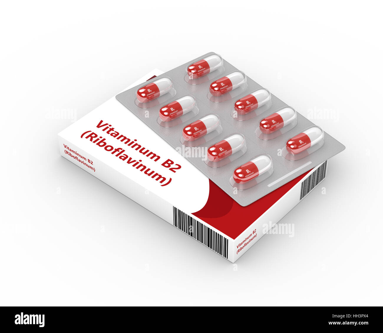 3d rendering of B2 vitamin pills in blister pack lying on white table ...