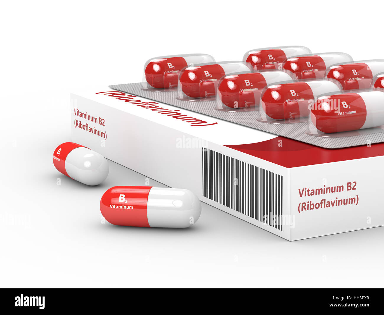 3d rendering of B2 vitamin pills in blister pack lying on white table ...
