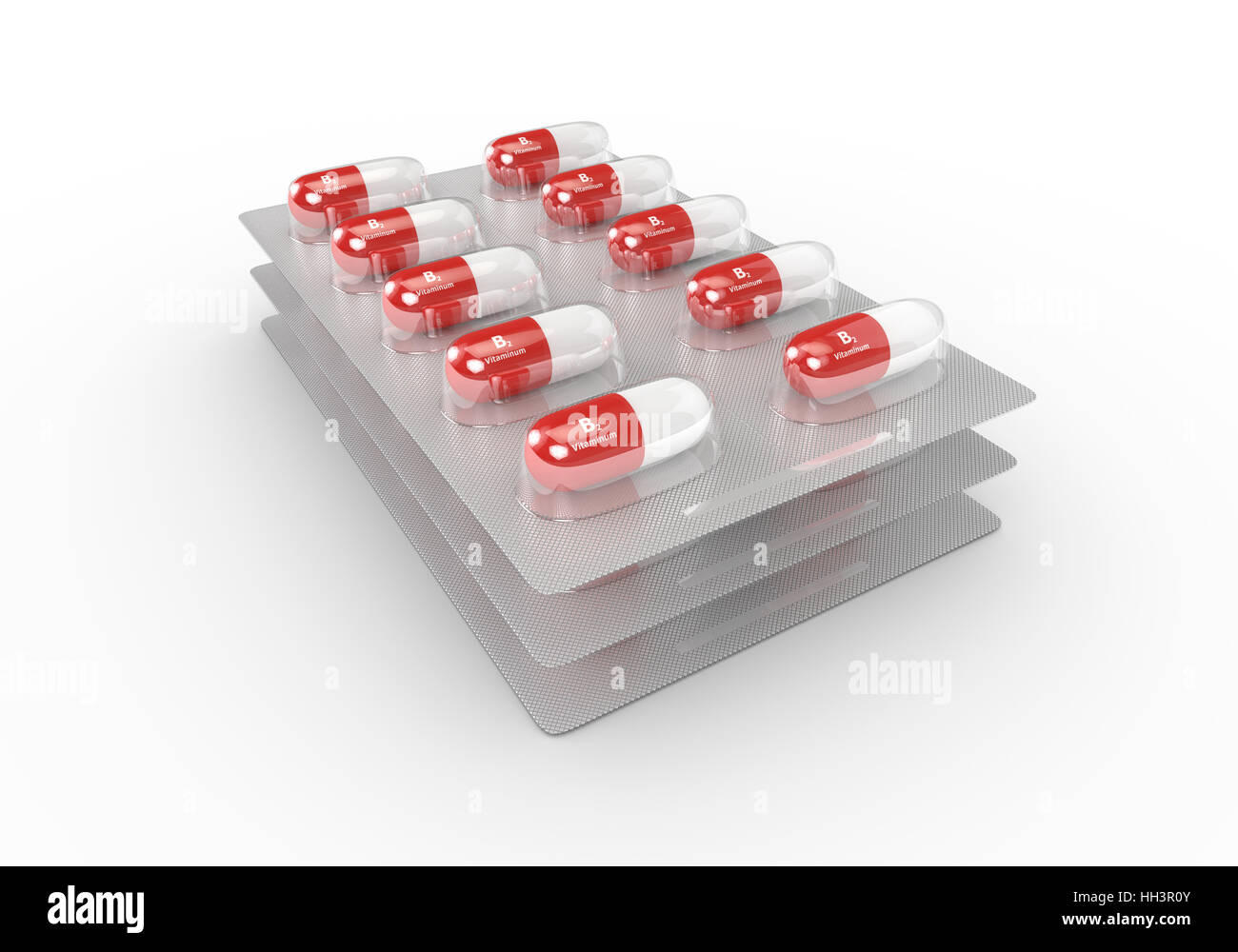 3d rendering of B2 vitamin pills in blister pack lying on white table ...