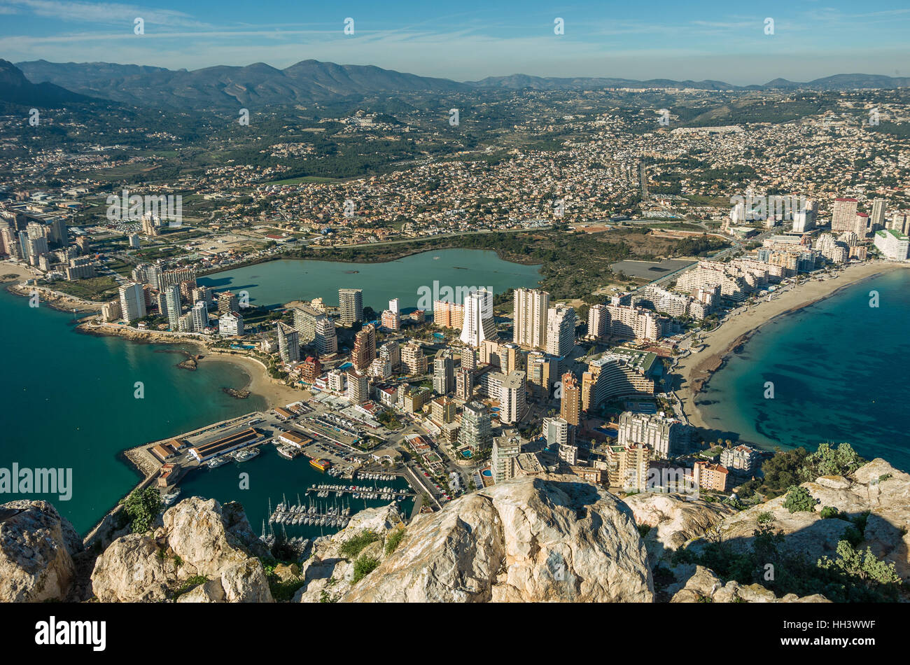 View over Calpe (Calp) town, Spain. Shot from the Penon ( Ifach) rock ...