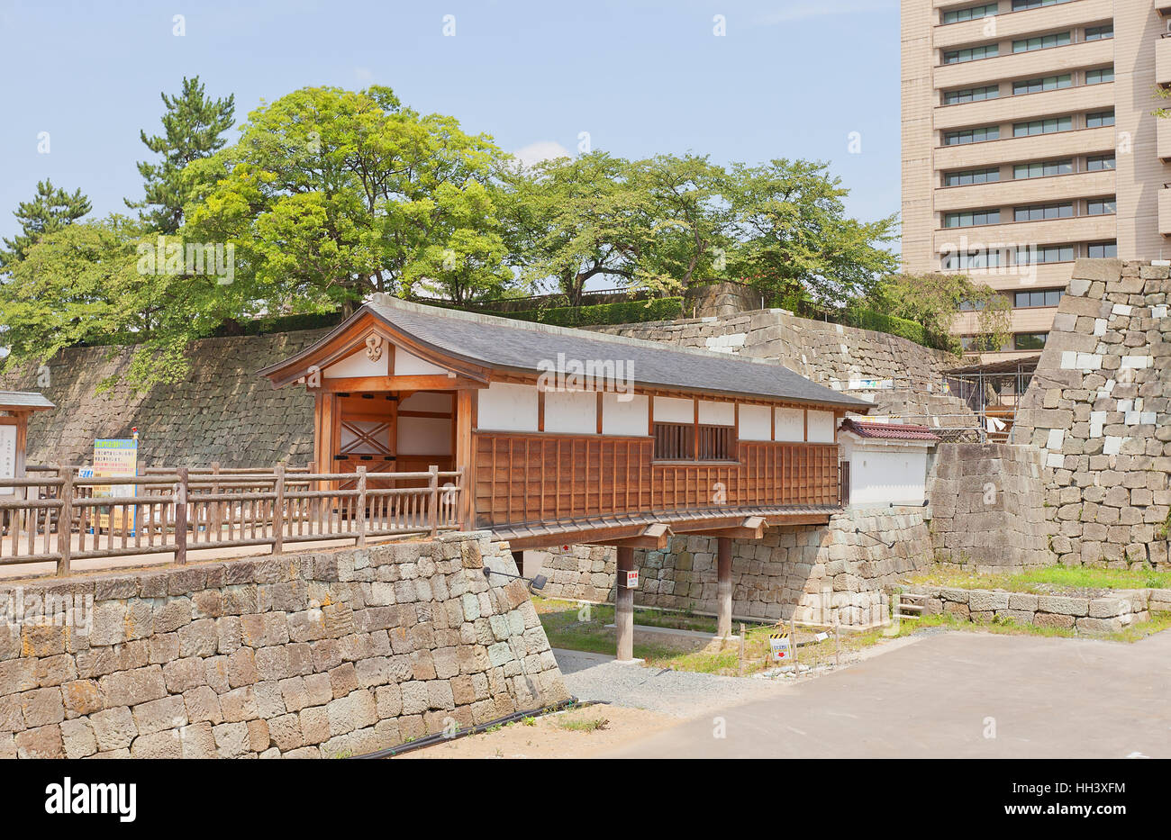 Reconstructed Rokabashi covered bridge of Fukui castle in Fukui, Japan ...