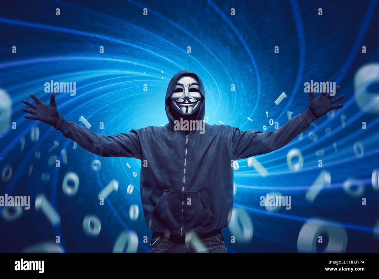 Hooded man with mask expression against binary code in background Stock ...