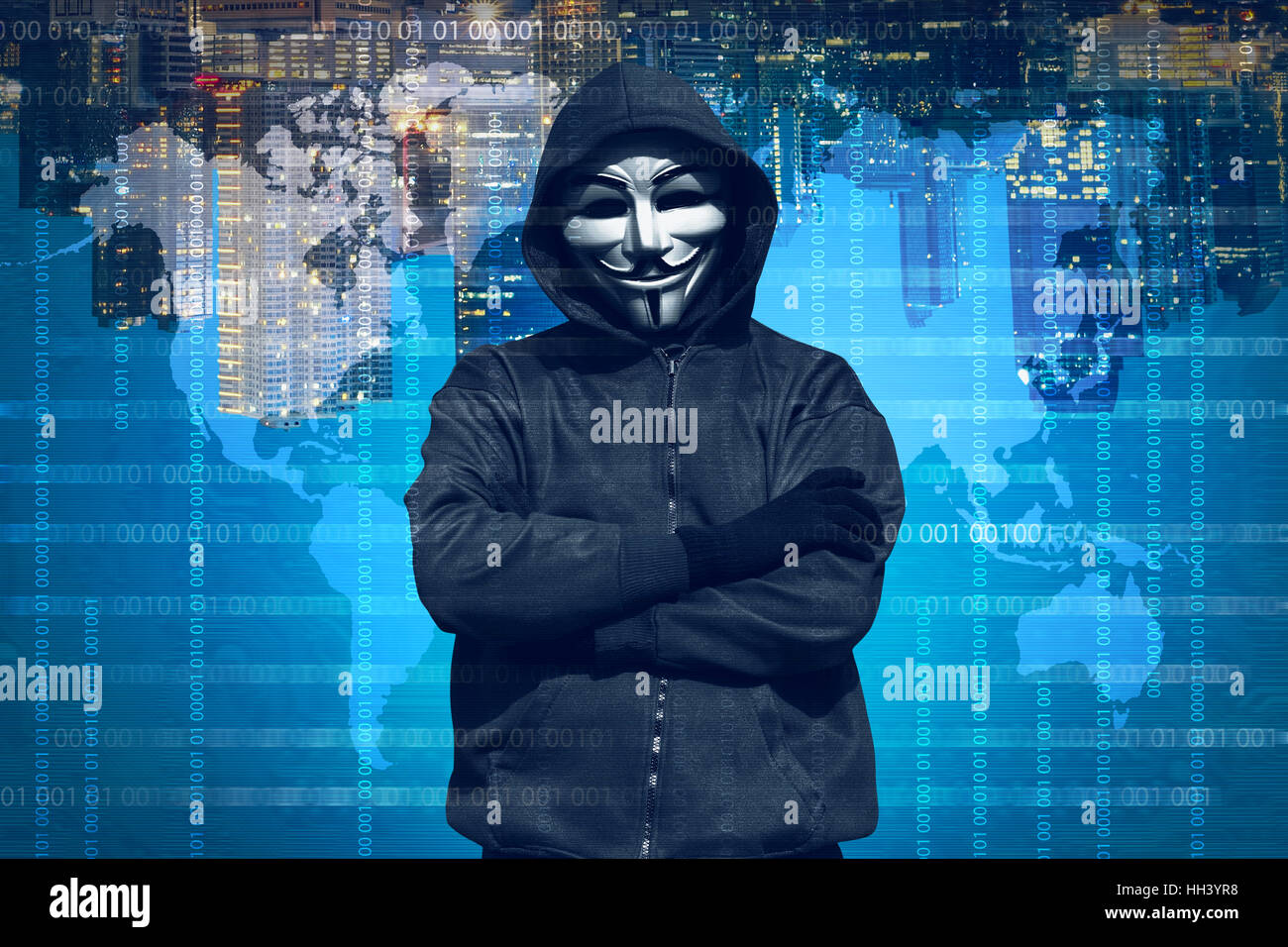 Hooded hacker with mask working out against binary code background Stock Photo - Alamy