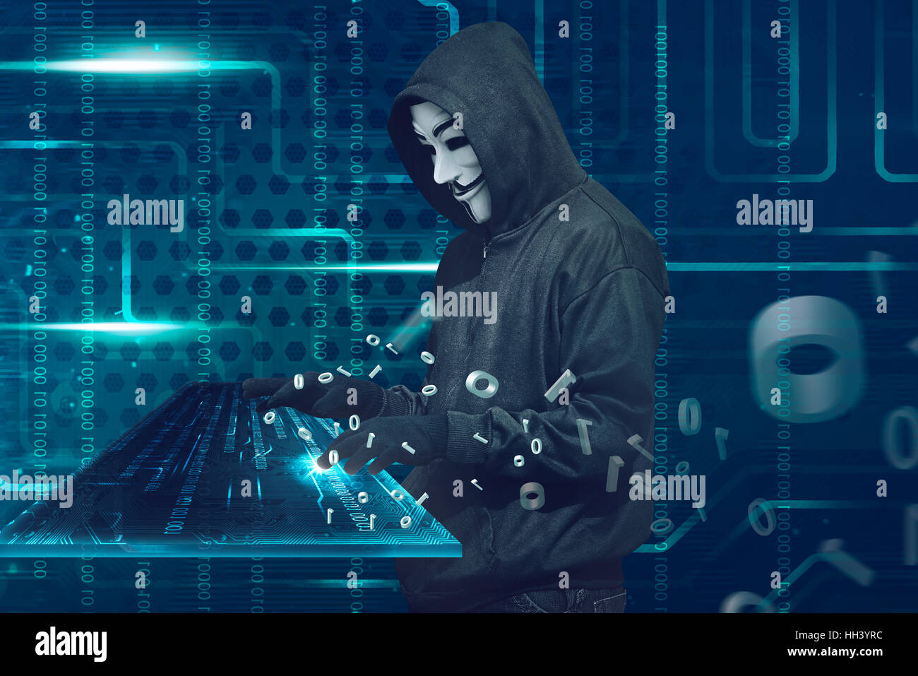 Hooded man with anonymous mask typing on virtual keyboard over binary code background Stock ...