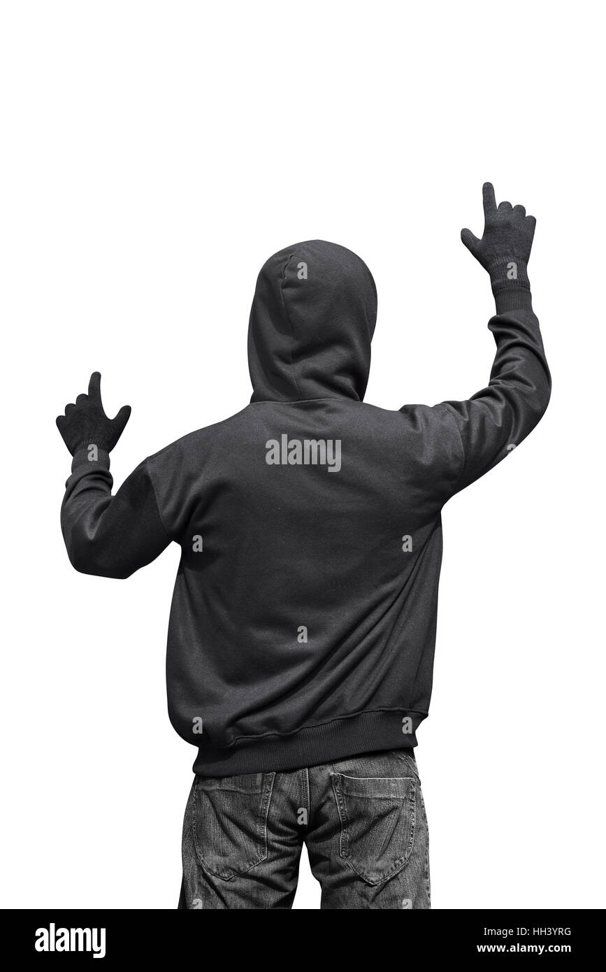 Back view of hooded hacker touching something isolated over white ...