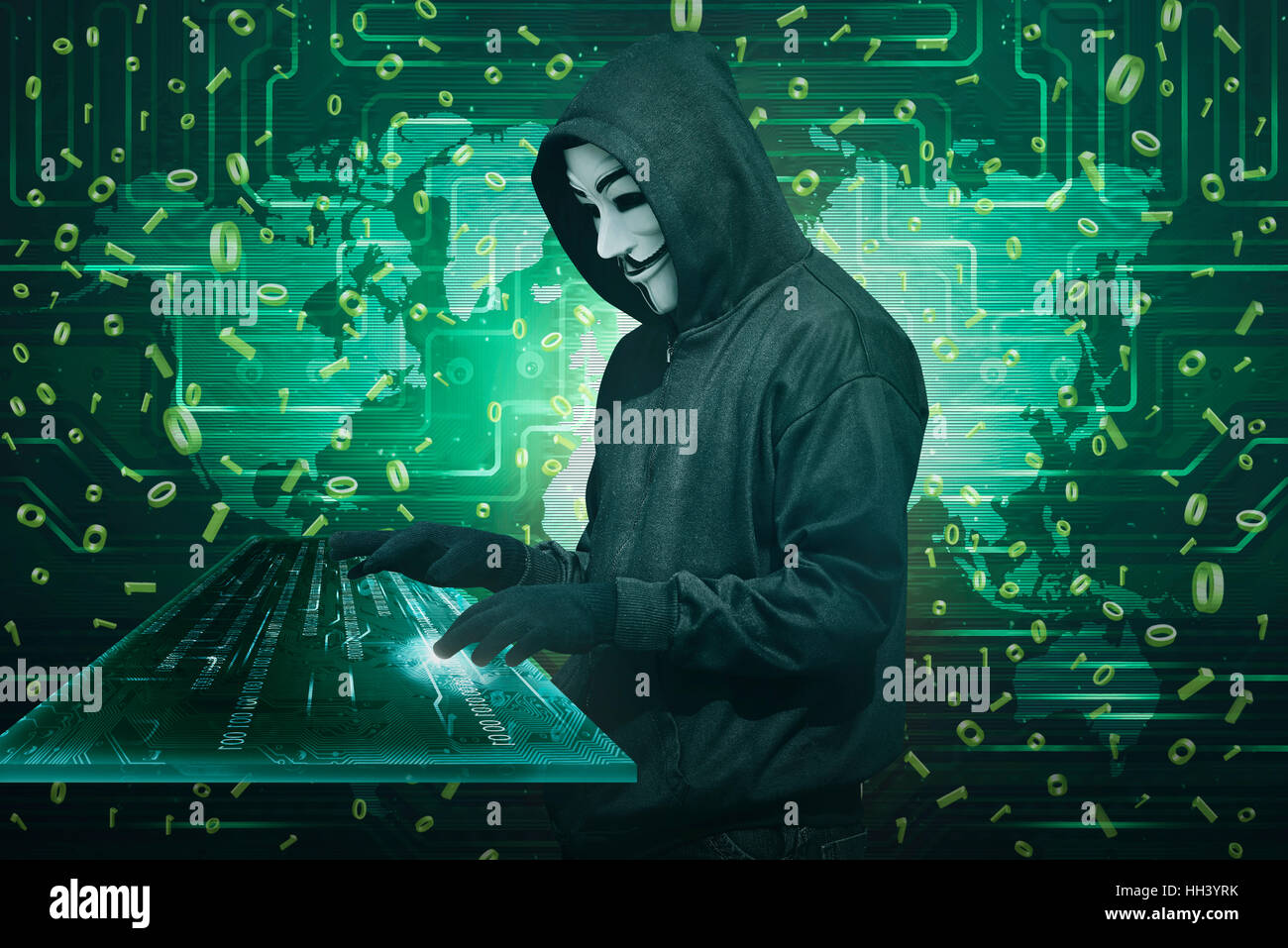 Hacker man wearing anonymous mask stealing data using virtual keyboard with binary code in ...