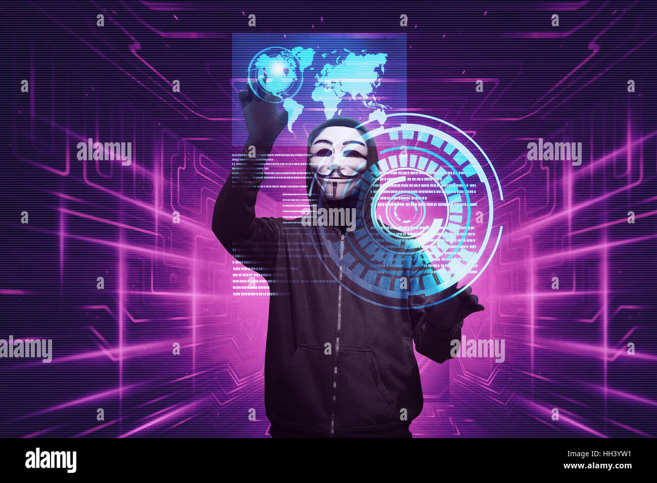 Hacker man with anonymous mask hacking system security on virtual ...