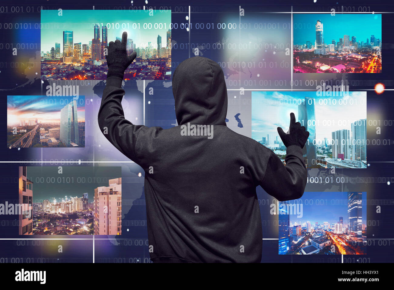 Back view of a hacker man touching virtual monitor with binary code in ...