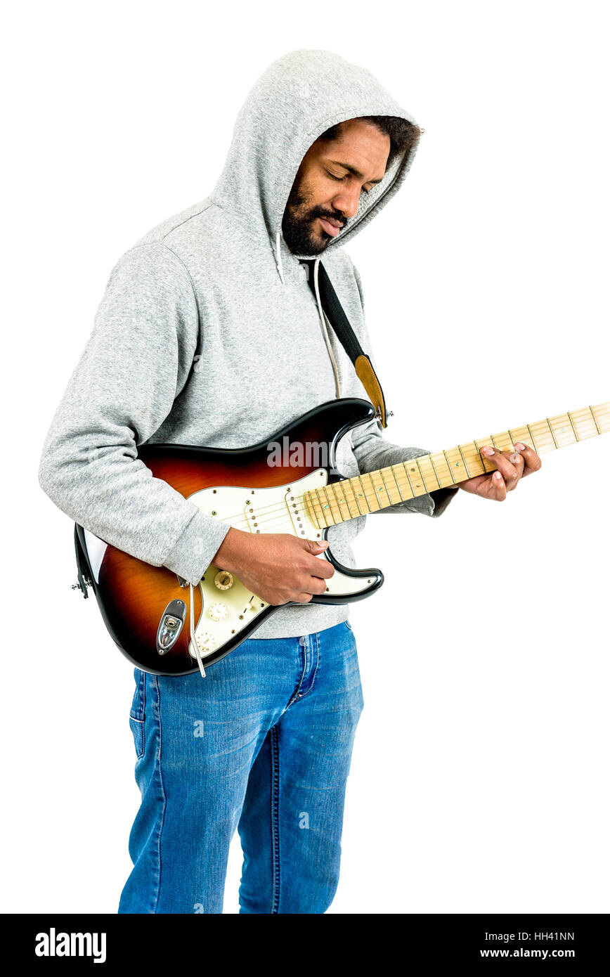 Man is playing electric guitar. Musician performer wearing hoodie and ...
