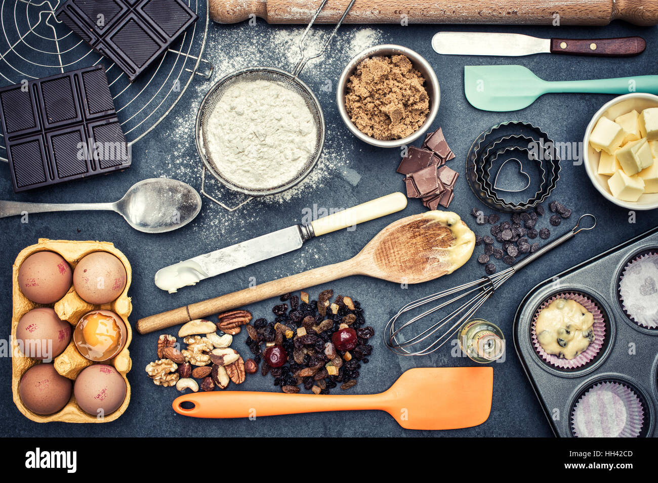 Baking ingredients and cooking utensils from above. Vintage retro ...