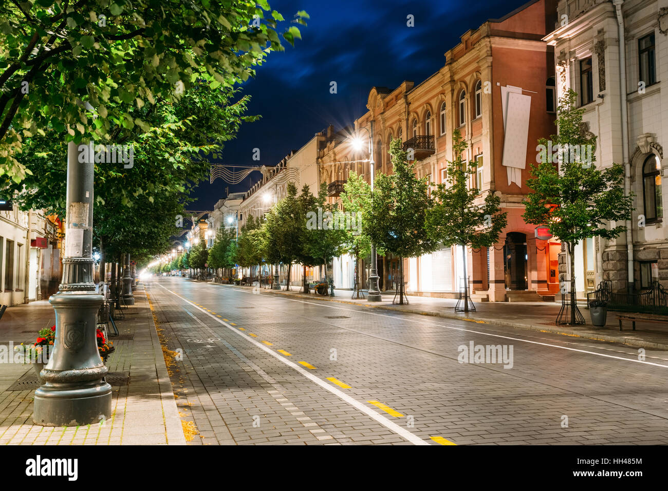 Vilnius, Lithuania. The Night View Of Deserted Gediminas Avenue With ...