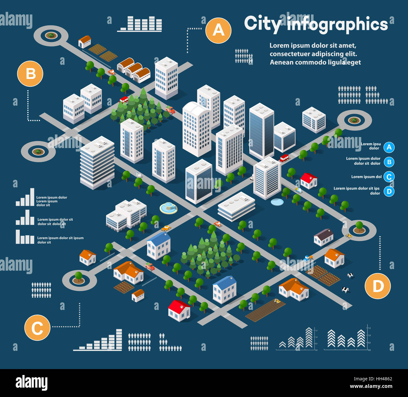 3D city isometric three-dimensional infographics including skyscrapers ...