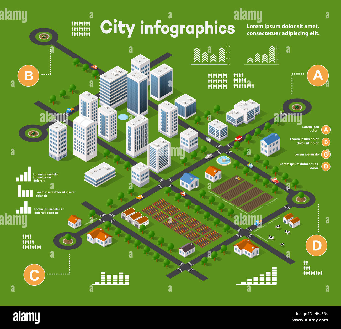 3D city isometric three-dimensional infographics including skyscrapers ...