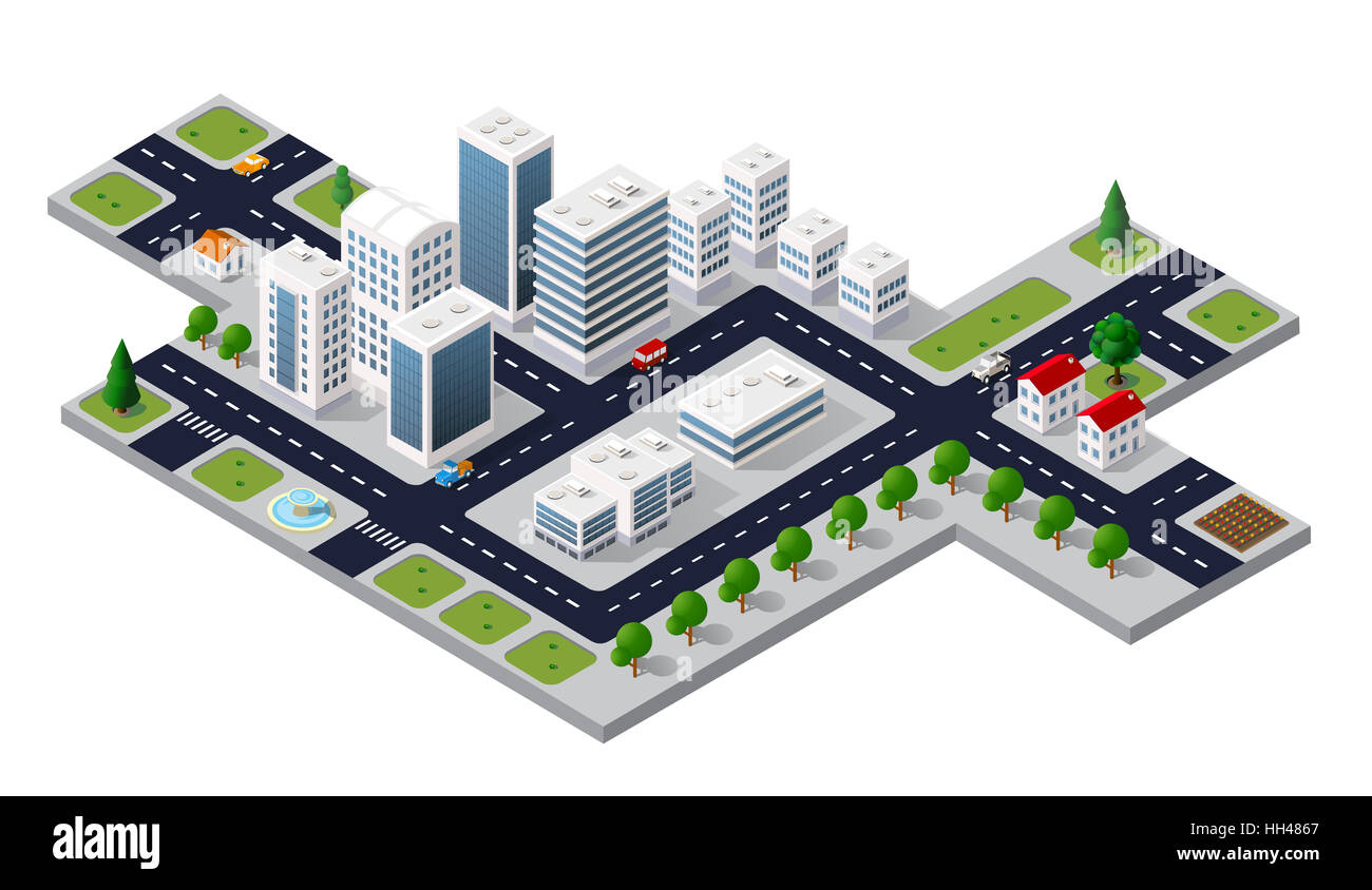 Isometric 3D cityscape view of the top of the house and street trees ...