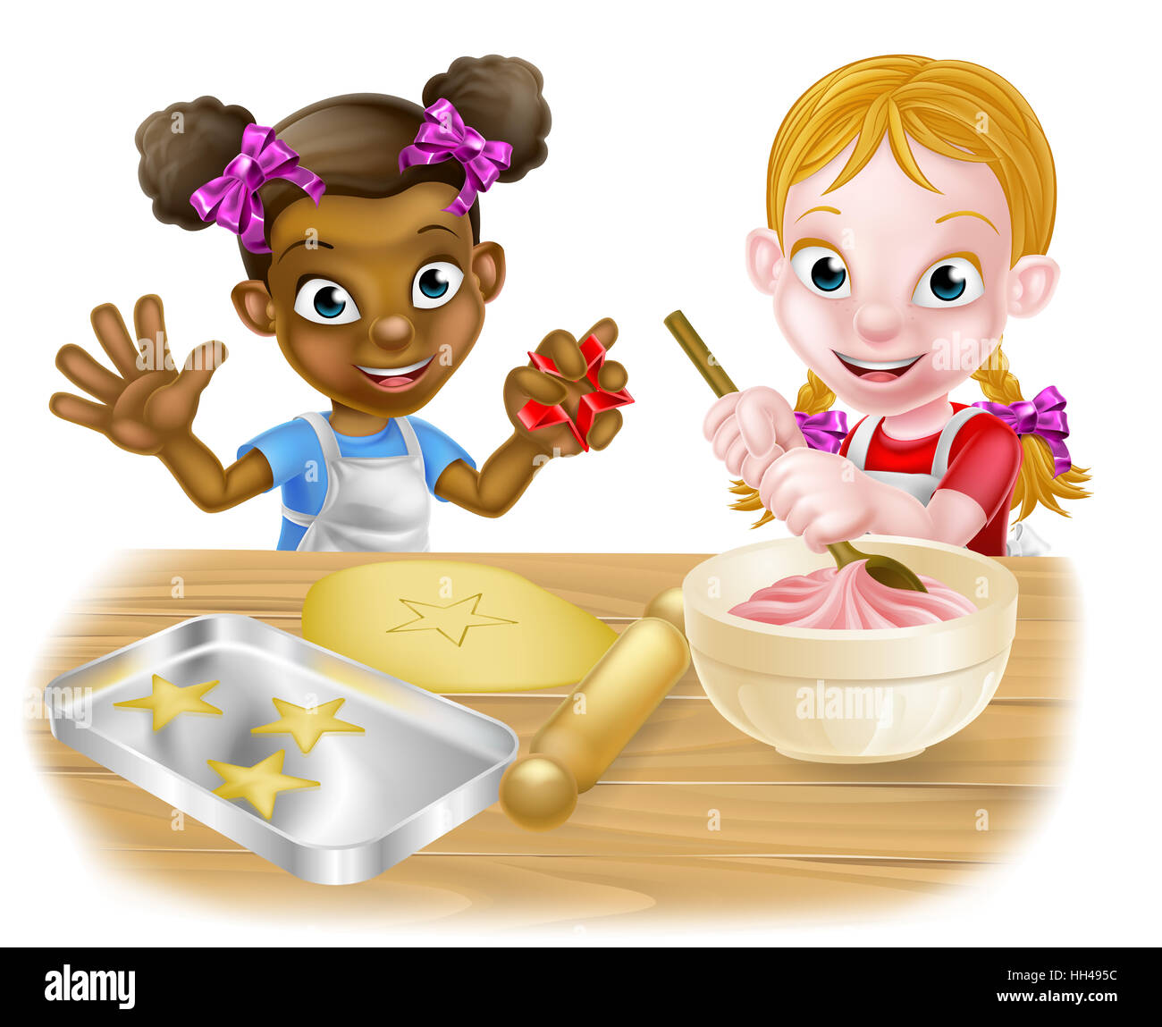 Two cartoon girls, one black one white, dressed as chefs or bakers ...