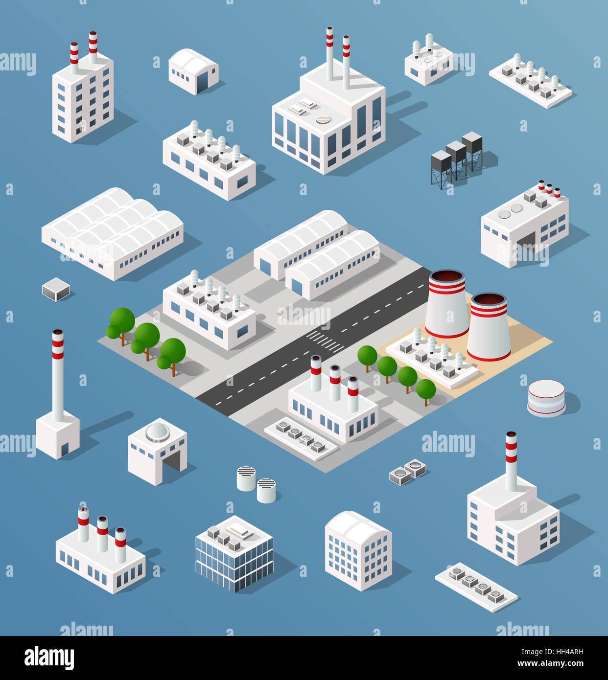 The 3D perspective view of a set of objects of industrial plants ...
