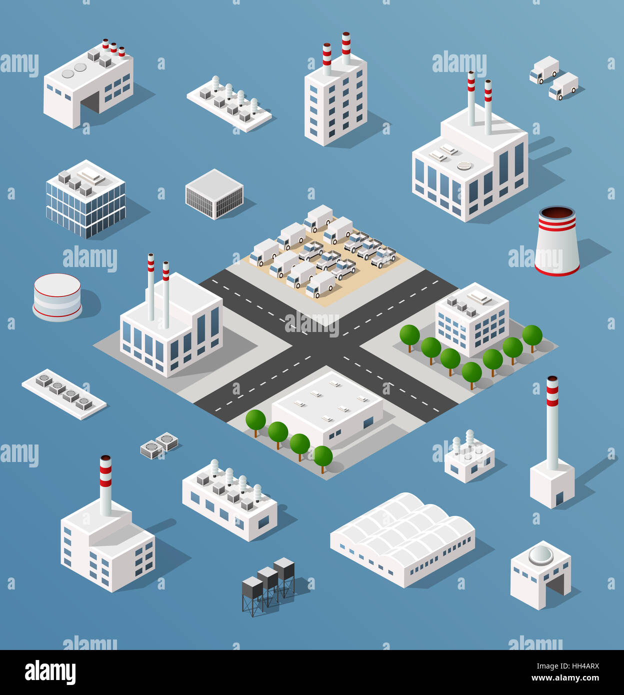 The 3D perspective view of a set of objects of industrial plants ...