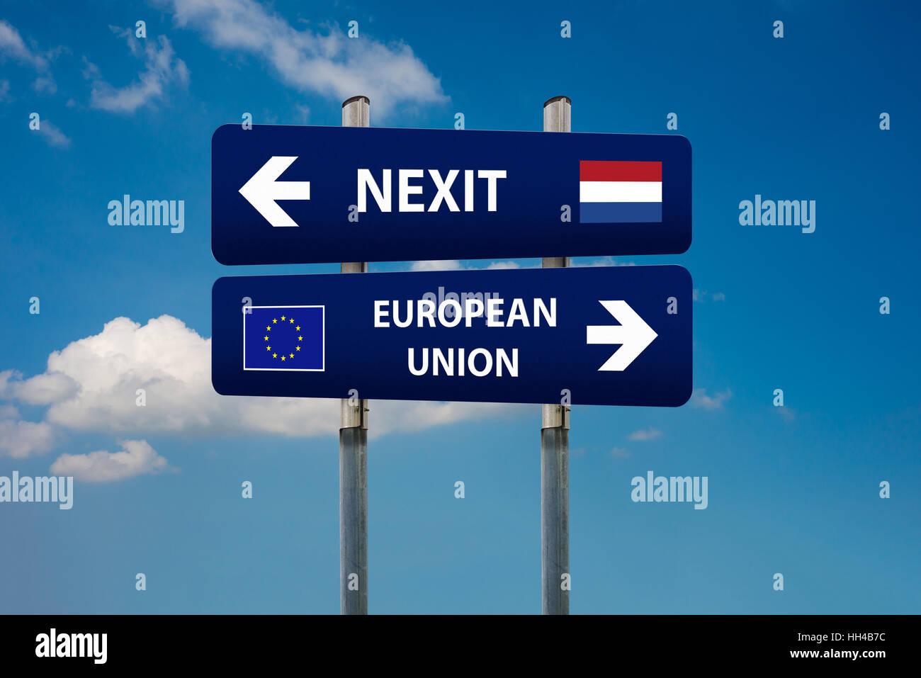 a concept of two road signs, dutch elections (nexit) and european union ...