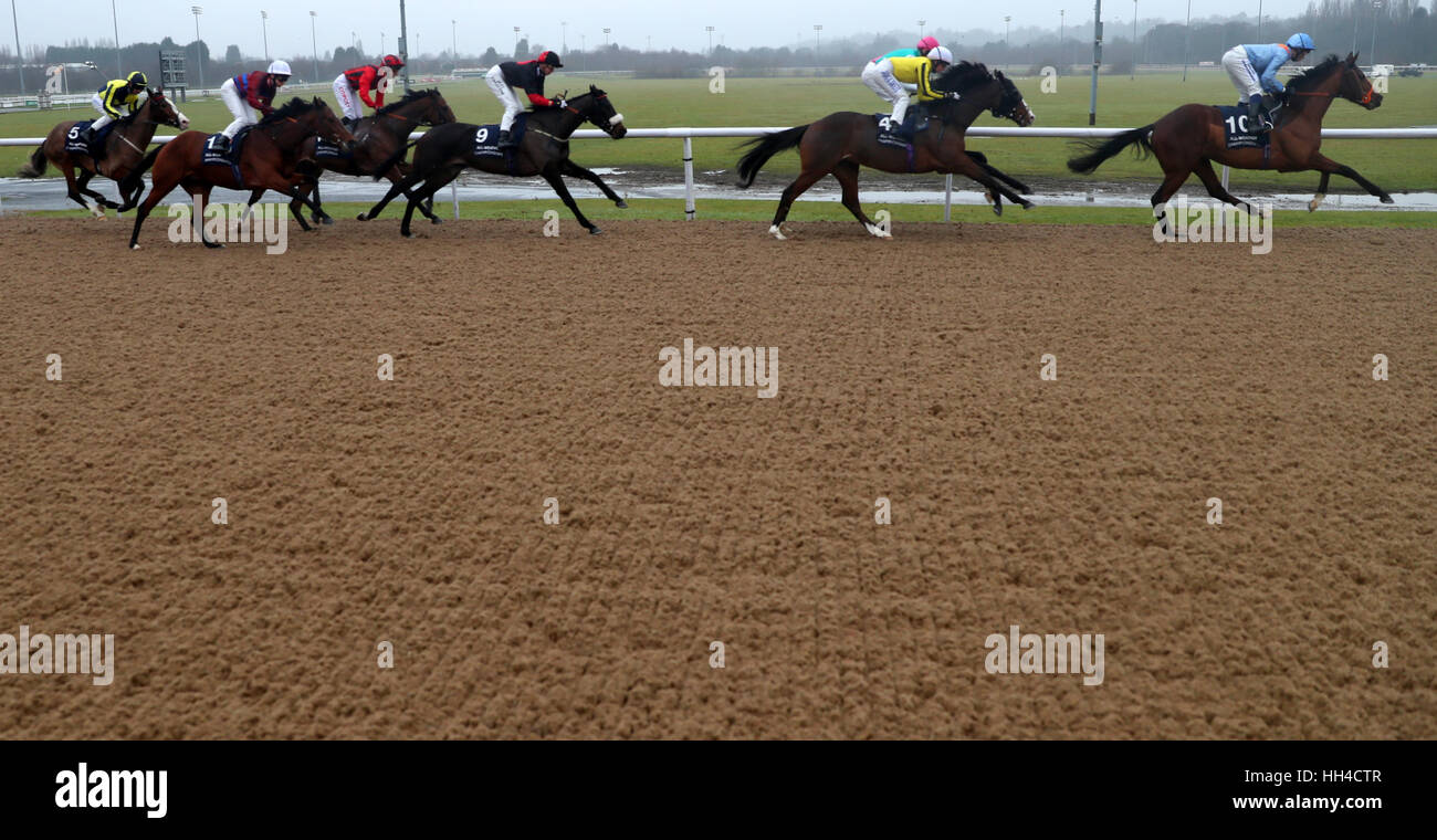 Riders during the maiden at wolverhampton racecourse hi-res stock ...