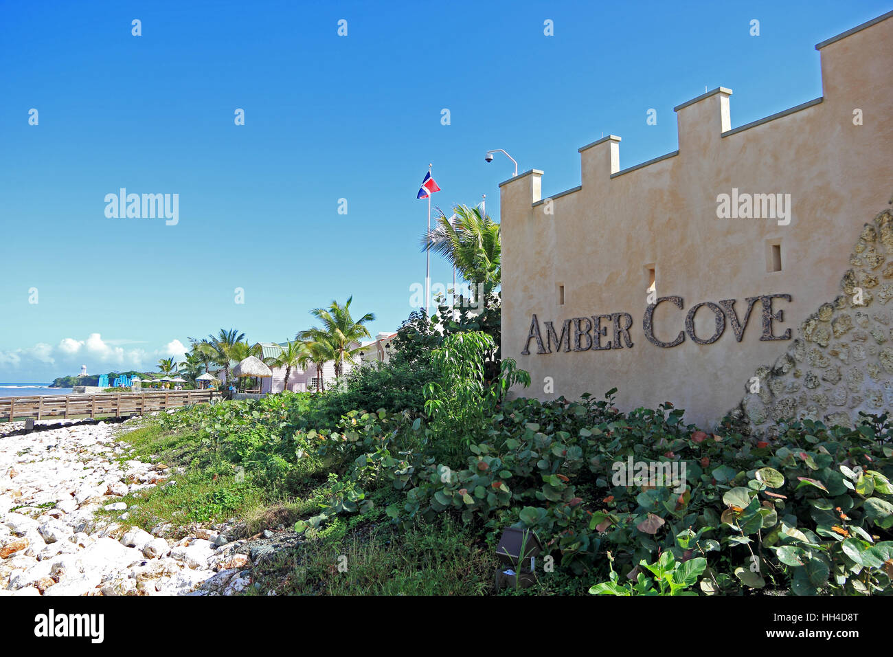 Sign on wall at entrance to cruise ship terminal, Amber Cove, Dominican ...
