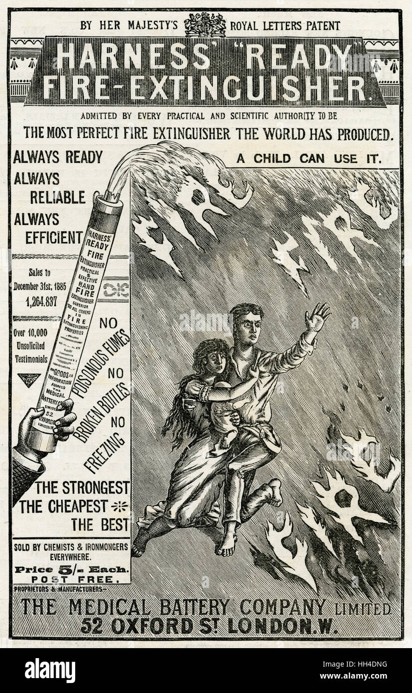 Advert for Harness' ready fire-extinguisher 1886 Stock Photo - Alamy