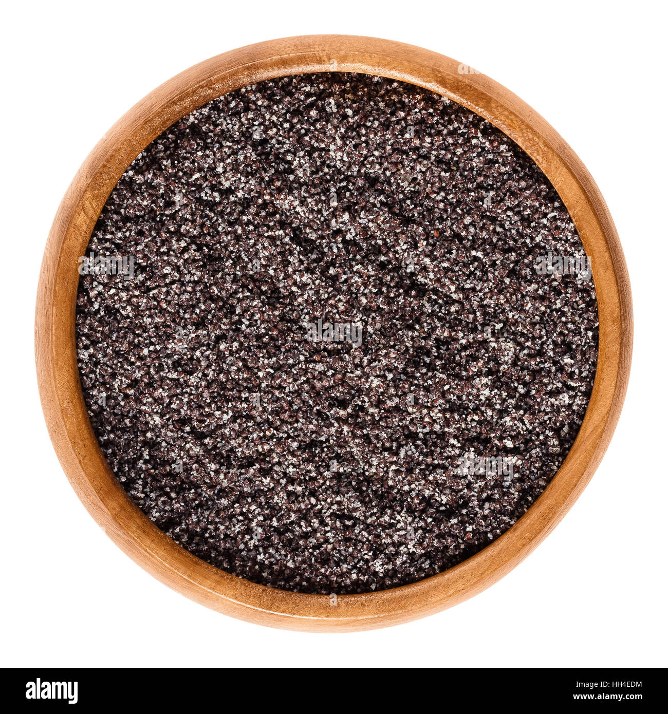Ground gray poppy seeds in wooden bowl. Oilseed from opium poppy Paper ...