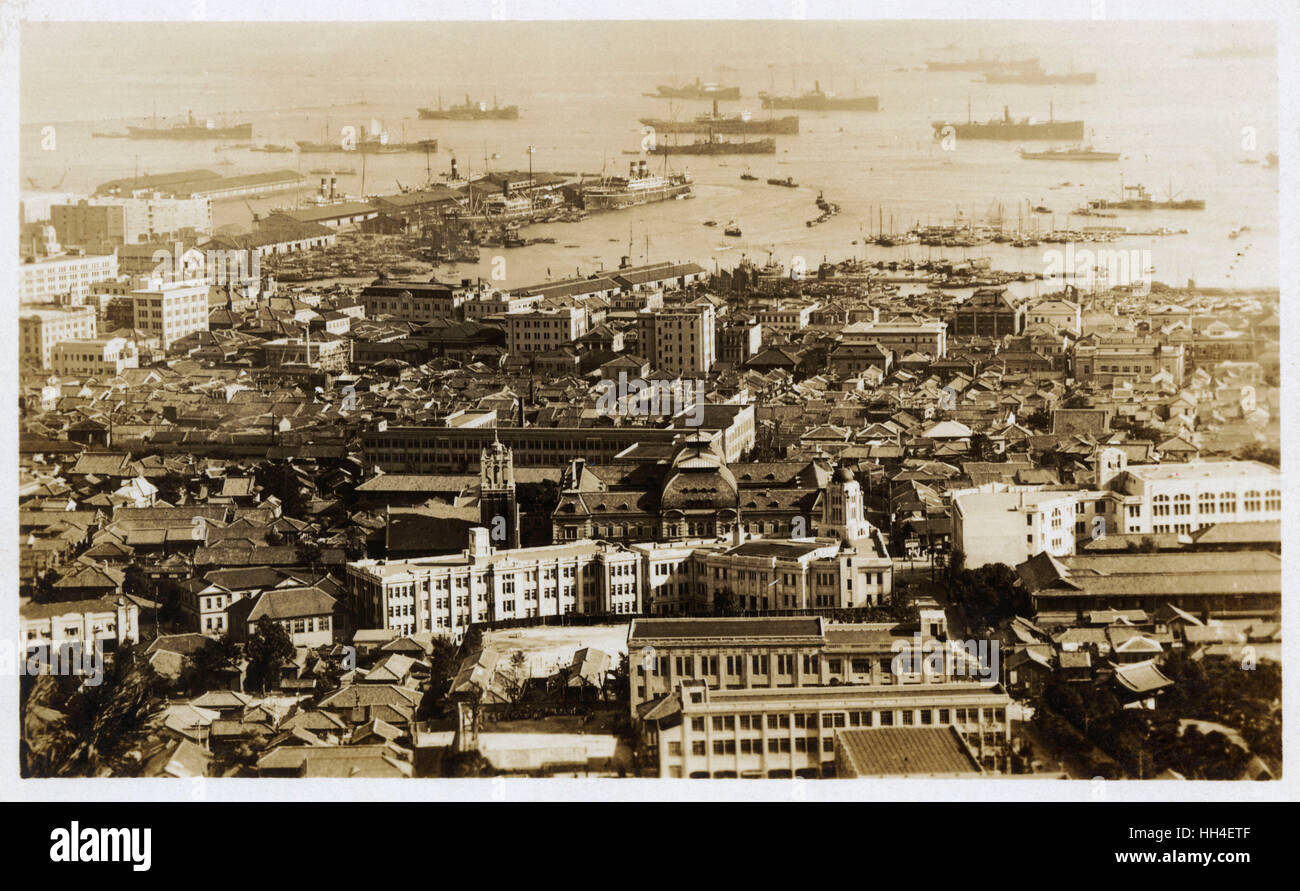 Kobe, Japan - Aerial View looking toward the port and sea Stock Photo ...