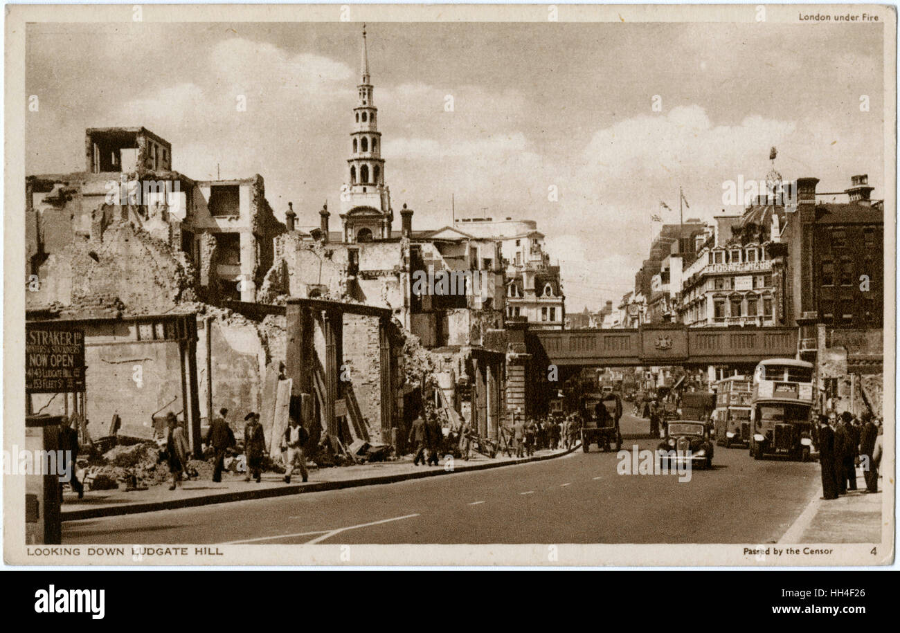 WW2 - London Under Fire. View down Ludgate Hill showing bomb damaged ...