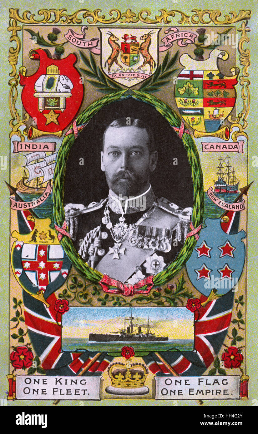 'One King, One Flag, One Fleet, One Empire' - inset portrait of King ...