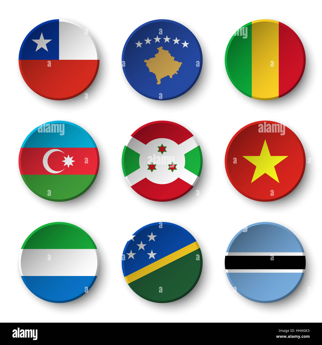 Set of world flags round badges ( Chile . Kosovo . Mali . Azerbaijan ...